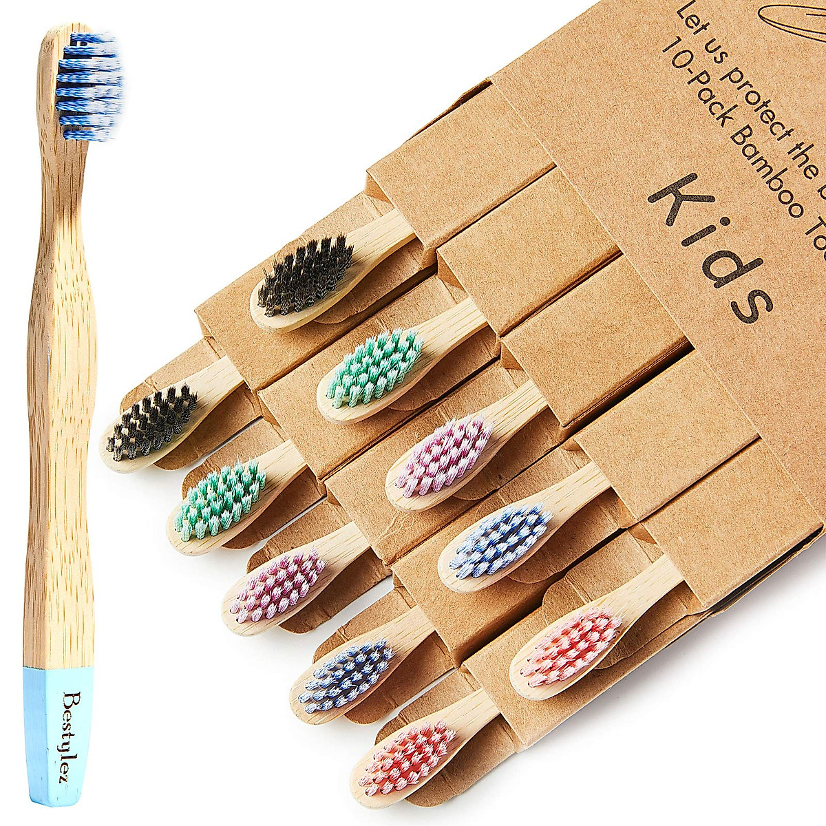 10 Pack Toddler Bamboo Toothbrushes, Extra Soft Color Spiral Bristle Suitable for Age 3+ Kids, Biodegradable Natural Wooden Toothbrush