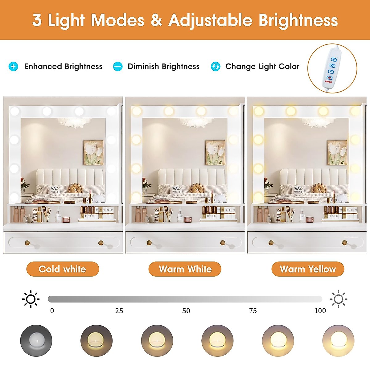 Mauqvit Vanity Desk with Mirror and Light，Vanity Desk with 2 Large Drawers, 2 Large Storage，Charging Station and 10 Lights 3 Lighting Modes Adjustable Brightness Dresser, White
