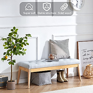 Kingfun Extra-Long Upholstered Tufted Bed Bench Seat for Bedroom, Entryway Wood Bench with Sturdy Wooden Legs, Buttoned Vanity Rectangle Dining Bench (Grey)