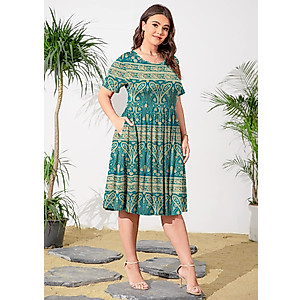 POSESHE Womens Plus Size Summer Dress for Women 2024 Hide Belly Soft Comfy Casual Empire Waist Dress,Blue Kaqi,XL