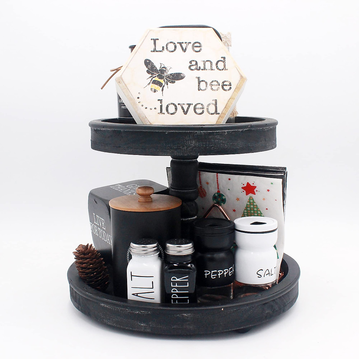 Rustic Decorative Two Tiered Tray,Farmhouse 2-Tier Serving Tray with Metal Handle (Rustic Black)