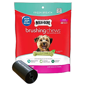 48 Mini Milk-Bone Fresh Breath Brushing Chews Daily Dental Dog Treats and Dogs Life Nation Waste Bag Bundle