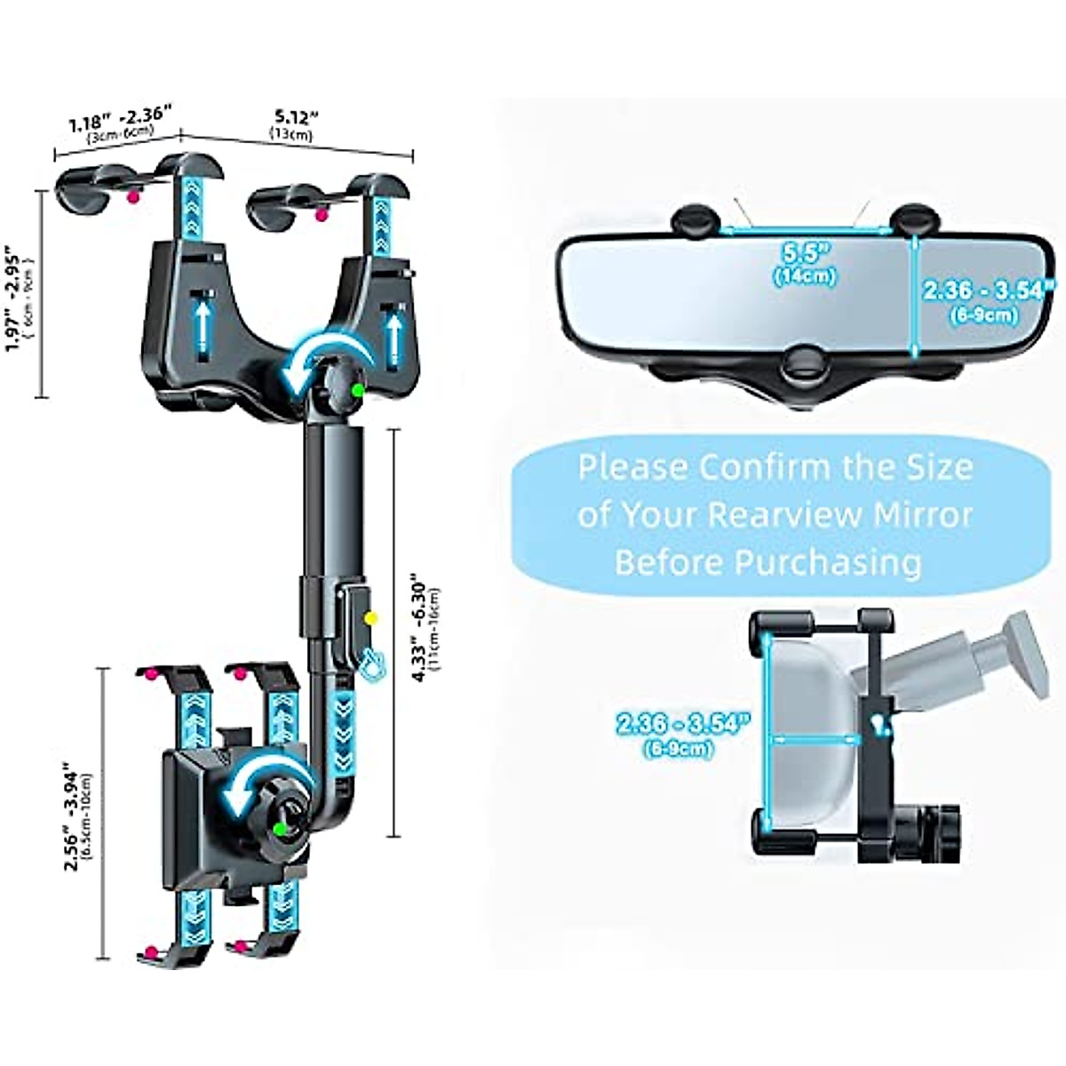 Timpou Car Phone Holder, Rearview Mirror Phone Holder, Adjustable Nagivator Holder, 360° Rotatable and Retractable Universal Car Cell Phone Holder for All Cell Phone