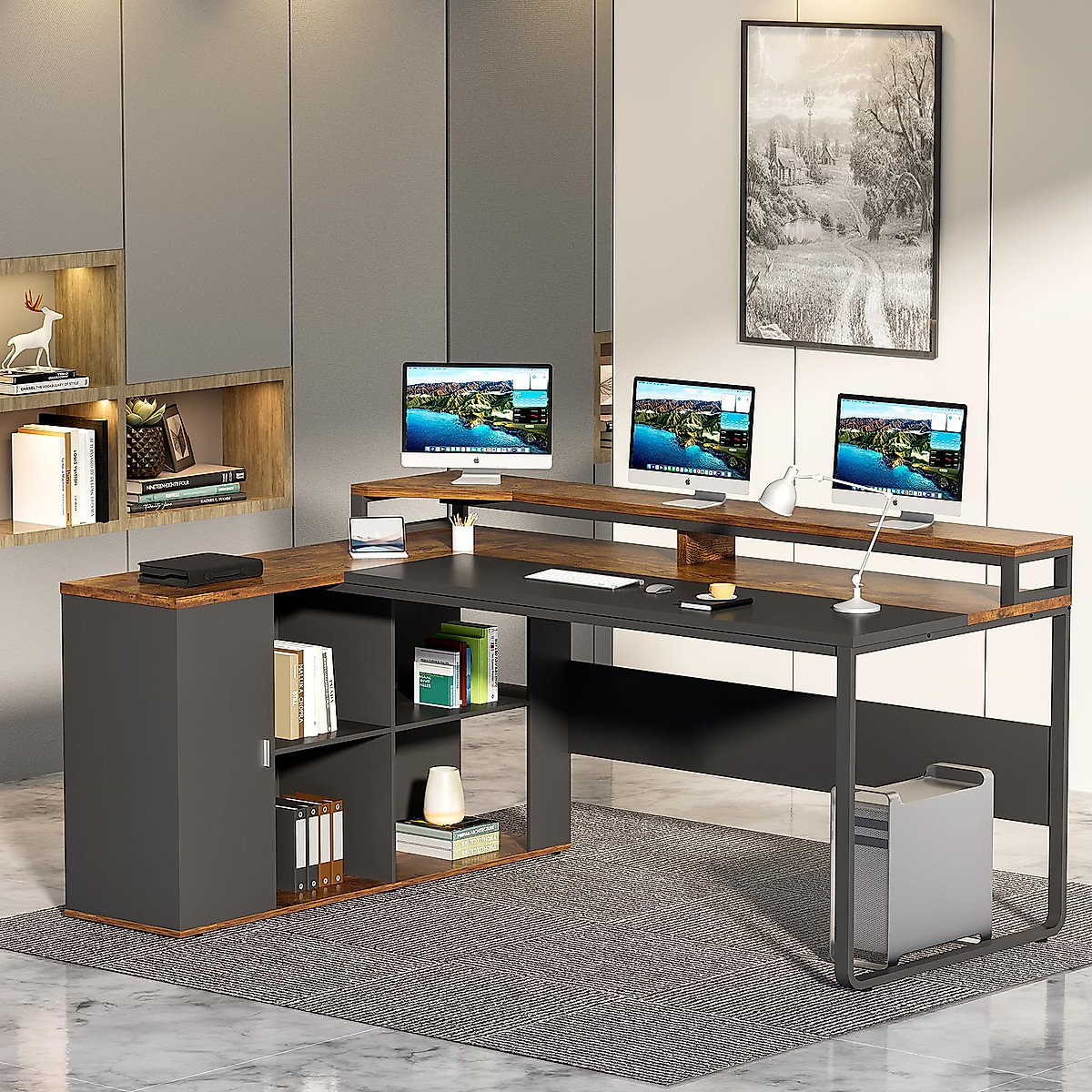 Vagaconl 68 inch Executive Desk,Writing Desk,L Shaped Desk with Cabinet Storage,Studio Office Desk with Shelves, Office Business Furniture Desk Workstation for Home Office, Brown and Black