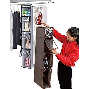 Dearjana 4 Tier Handbag Purse Organizer with Dustproof Cover, Foldable Hanging Closet Wardrobe Storage Shelves Closet Storage System for Living Room Bedroom Home Use, Grey