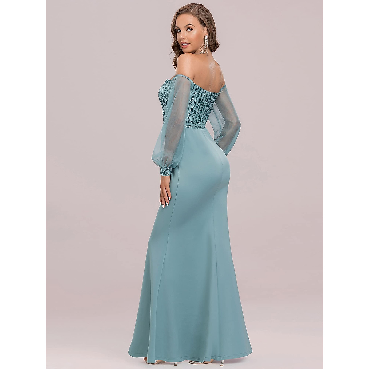 Ever-Pretty Women's See-Through Sequin Dress Mermaid Evening Dress with Sleeve Blue US20