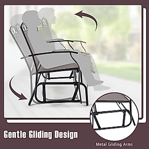 Giantex Patio Glider Bench Set - Outdoor Loveseat Glider Chair with Tempered Glass Coffee Table, Metal Frame, 800 Lbs Weight Capacity, Gliding Rocking Chair Set for Patio, Porch, Yard (2 PCS, Brown)