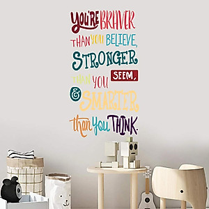 TOARTi Colorful Inspirational Lettering Quote Wall Decal-You’re Braver Than You Believe,Stronger Than You Seem,Smarter Than You Think, Positive Quote Sticker for Classroom Kids Decoration