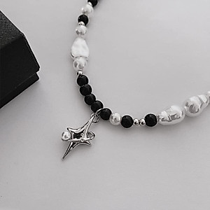 Punk Star Pendant Baroque Pearl Necklace for Women Asymmetric Black White Beads Necklace Choker Jewelry Gift (Style 1)