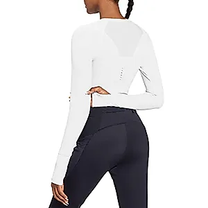 baleaf Women's Long Sleeve Crop Top Workout Athletic Shirt Running Top Slim Fit White S