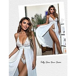 Avidlove Women Bridal Lingerie Gowns Sexy Long Lace Slit Robe V Neck Chemise Spaghetti Strap Mesh Nightwear
