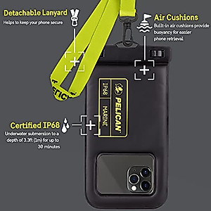 Pelican Marine - IP68 Waterproof Phone Pouch / Case (Regular Size) - Floating Waterproof Phone Case For iPhone 14 Pro Max/ 13 Pro Max/ 12 Pro Max/ 11/ S23 Ultra - Detachable Lanyard - Black/Yellow