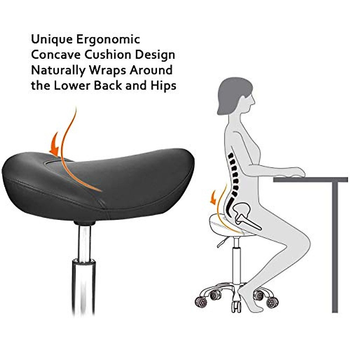 Saddle Stool Rolling Chair Hydraulic Adjustable with Wheels for Office Home Salon Spa Studio (Black)