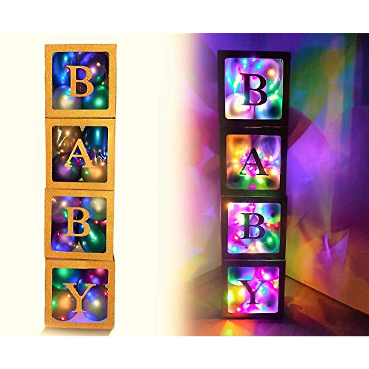 Serene Roses Royal Gold Baby Baby Shower Decorations: 36 Metallic Balloons, 4 Embossed Gold Boxes with 3x4 BABY Letters, 4 LED LIGHTS INCLUDED. Elegant Decoration for Your Little Prince or Princess