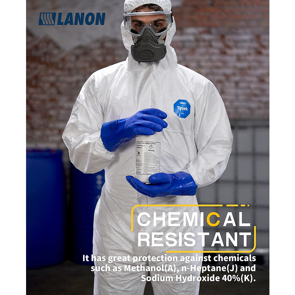 LANON PVC Chemical Resistant Gloves, Heavy-Duty Rubber Gloves, Acid, Alkali and Oil Protection, Non-Slip, Blue, Large