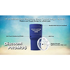 Personalized 17 oz. Rubberized Stainless Steel Travel Mugs - 6 Pack - Custom Text, Logo - Blue