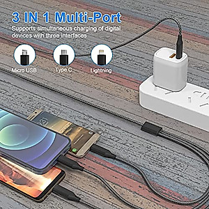 USB C to Multi 3 in 1 USB Long Charger Cable, 2M/6Ft Fast Braided Charging Cord, Universal Multiple Ports Long Charging Cable with USB C/Micro USB/Lightning Connector for iPhones Android