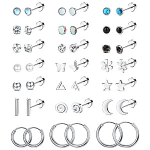 LOLIAS 21Pairs Surgical Steel Flat Back Earrings Hypoallergenic 20G Screw Back Nap Stack Cartilage Earring Stacks