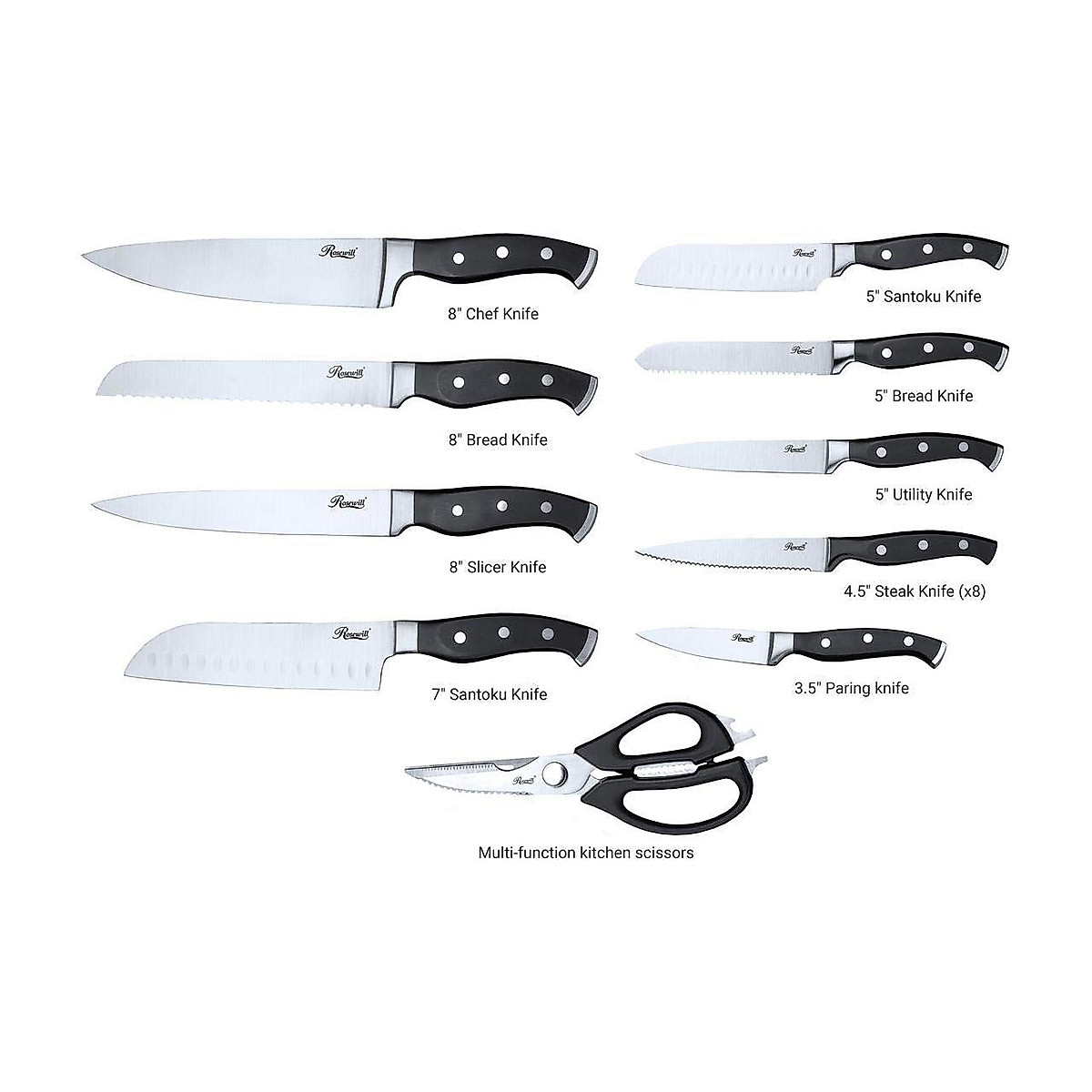 Rosewill 18 Piece Stainless Steel Cutlery Knife Set with Kitchen Shears| Triple Riveted Handles, Full Tang Design with Wood Block and Built-in Sharpener