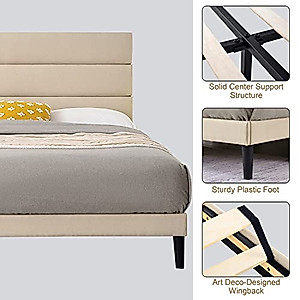 QZhommer Upholstered Platform Bed Queen Size Metal Bed Frame with Headboard and Strong Wooden Slats,Non-Slip and Noise-Free,No Box Spring Needed, Mattress Foundation,Easy Assembly,Beige