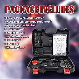 1-1/4 Inch SDS-Plus 13 Amp Heavy Duty Rotary Hammer Drill 3 Functions with Vibration Control Including Grease, Chisels and Drill Bits with Case, Gloves and Carrying Case