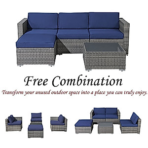 Patiorama 5 Piece Outdoor Patio Furniture Set, Outdoor Sectional Conversation Set, All-Weather Grey PE Wicker w/Navy Blue Cushions, Outdoor Backyard Porch Garden Poolside Balcony Furniture Set