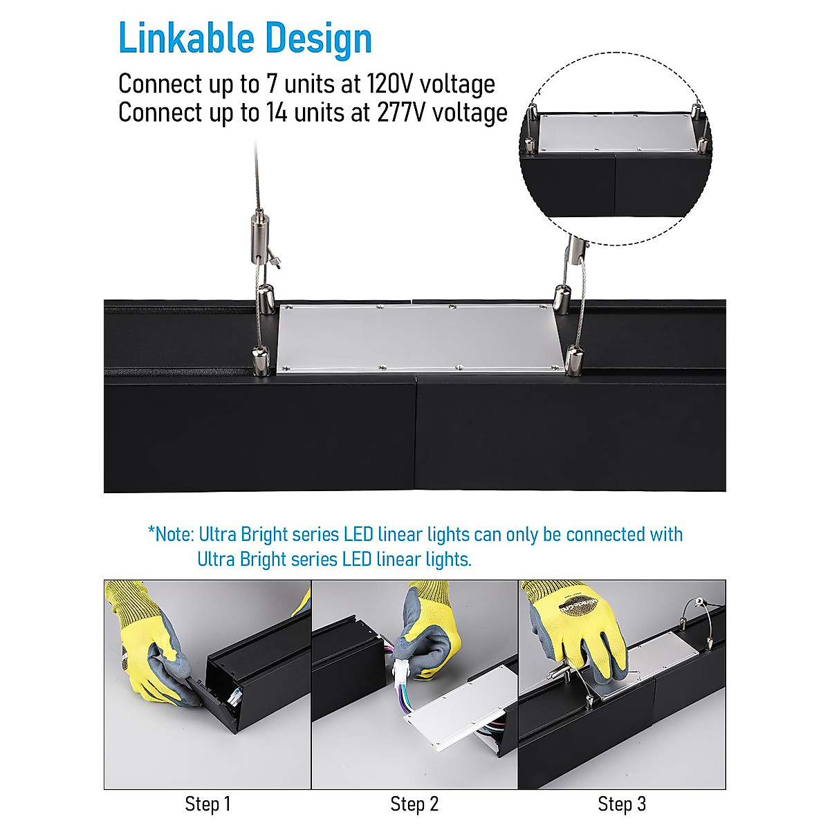 LEONLITE 4FT Linkable LED Linear Light Fixture, 3CCT 50W 6500LM Ultra Bright Downlight for 19.69ft High Ceiling, 120V-277V, 0-10V Dimmable, ETL, 3000K/4000K/5000K, Black Aluminum Housing, Pack of 4