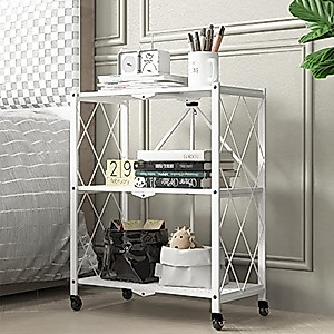 SogeHome 3-Tier Foldable Storage Shelf, Movable Metal Rack Cart, Home Display Shelf with Rolling Wheels for Kitchen, Living-Room, Bathroom, Bedroom, White
