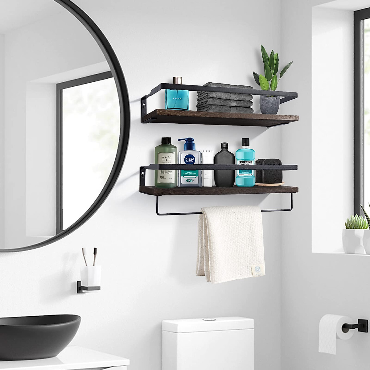 Uten Floating Shelves, Wall Shelves Set of 2, Wall Mounted for Bathroom, Bedroom, Kitchen, Bathroom Shelf with Towel Bar, Sturdy Structure, Easy Installation