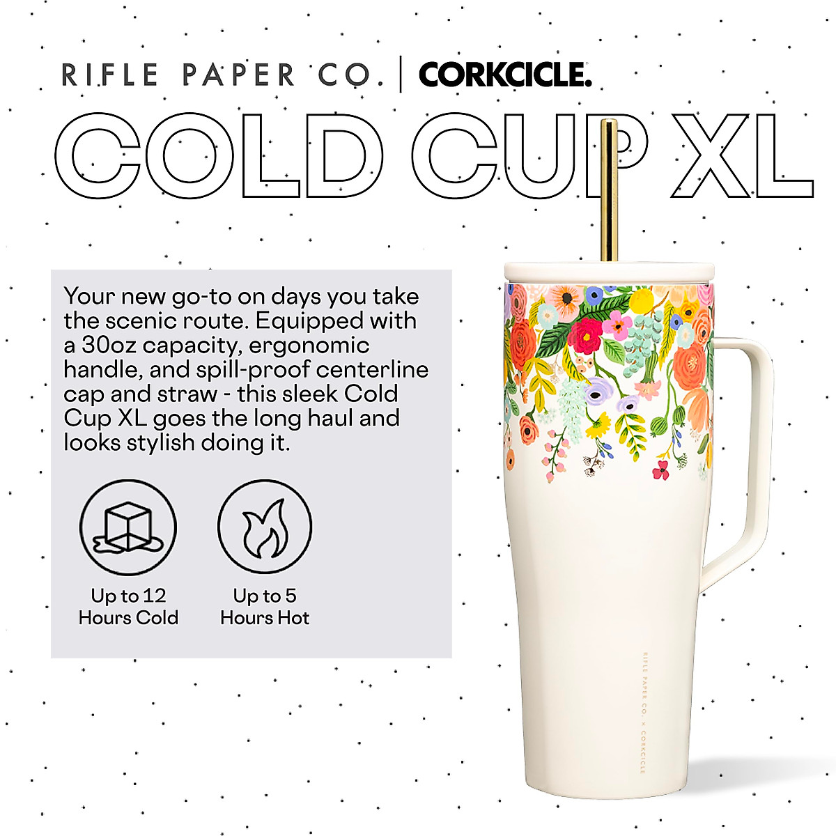 Corkcicle Rifle Paper 30oz Tumbler With Handle, Garden Cream Floral, Reusable Water Bottle, Triple Insulated Stainless Steel Travel Mug, BPA Free, Cold 12 Hours, Tumbler with Lid and Straw