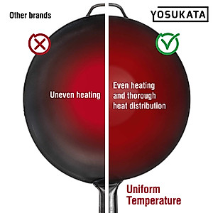 YOSUKATA Carbon Steel Wok Pan – 13,5 “ Woks and Stir Fry Pans - Chinese Wok with Flat Bottom Pow Wok - Traditional Chinese Japanese Woks - Black Steel Wok