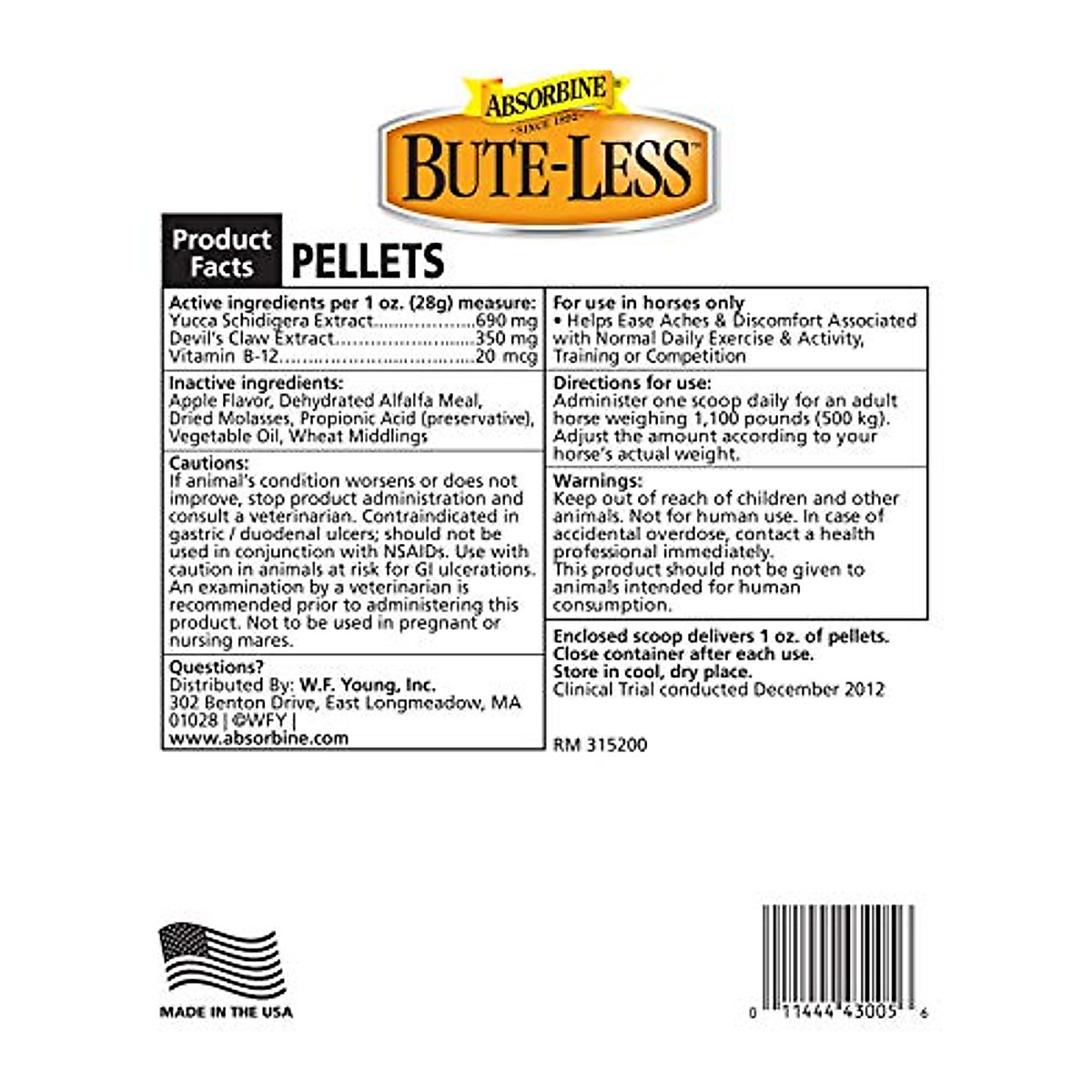 Absorbine Bute-Less Comfort & Recovery Supplement Pellets, Healthy Inflammatory Response, 2 lb / 32 Day Supply