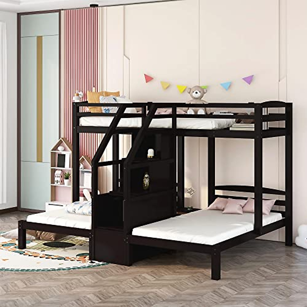 DEYOBED Twin Over Twin & Twin Wooden Triple Bed Bunk Bed with Built-in Storage Staircase and Drawer Storage Board for 3 Kids Adults