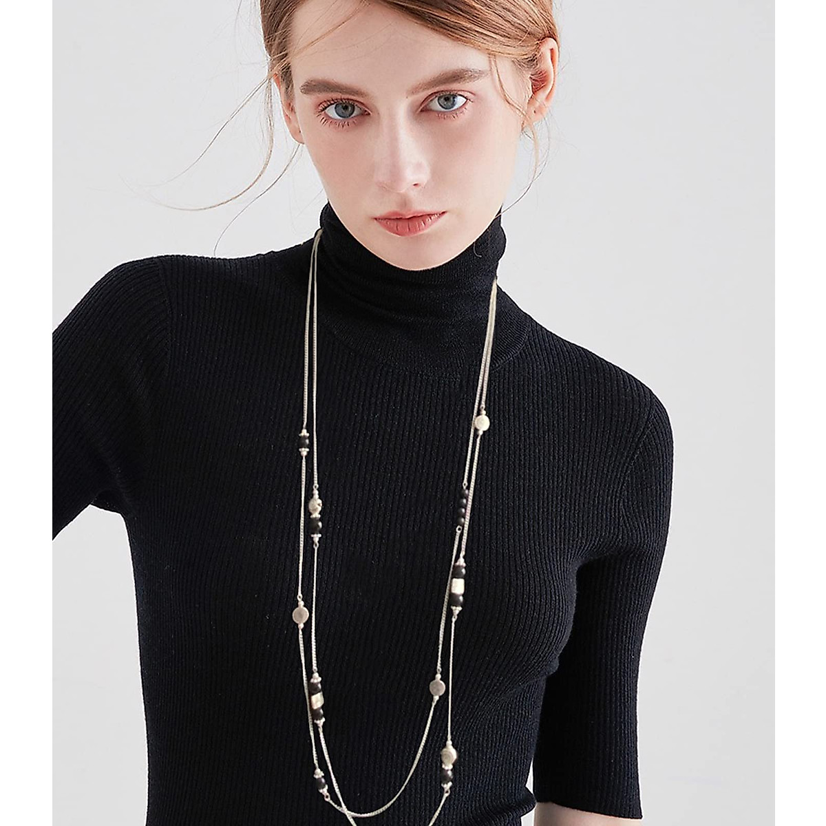 BULINLIN Layered Silver Long Necklace for Women Turquoise Stone Beaded Strand Sweater Chain Necklaces Fashion Costume Jewelry Gifts for Mom(Black)