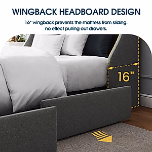 WEEWAY Upholstered Queen Size Bed Frame with 4 Storage Drawers and Wingback Headboard, Button Tufted Design, No Box Spring Needed, Easy Assembly, Light Grey