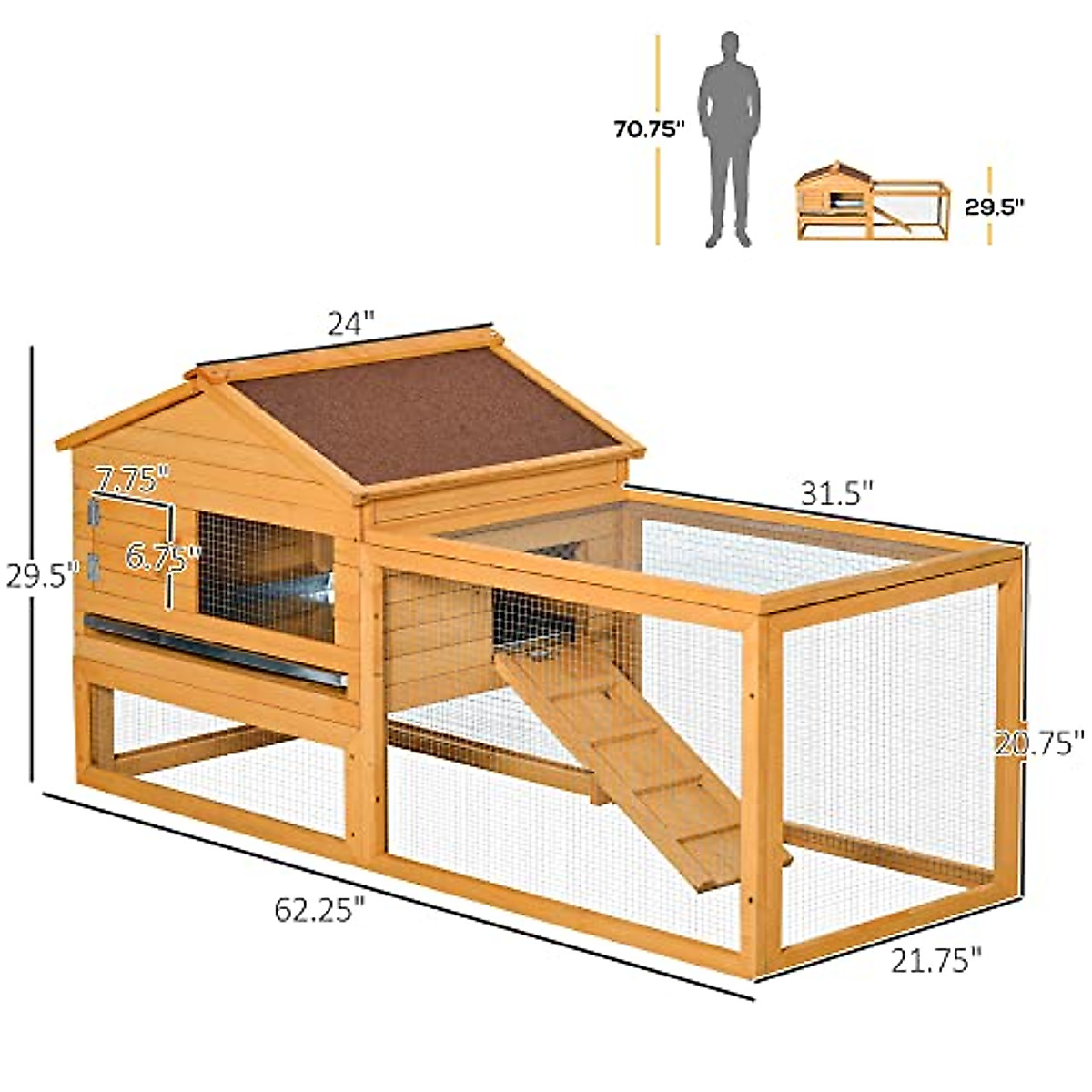 PawHut 62" Large Outdoor Rabbit Cage Small Animal Hutch Playpen With Run
