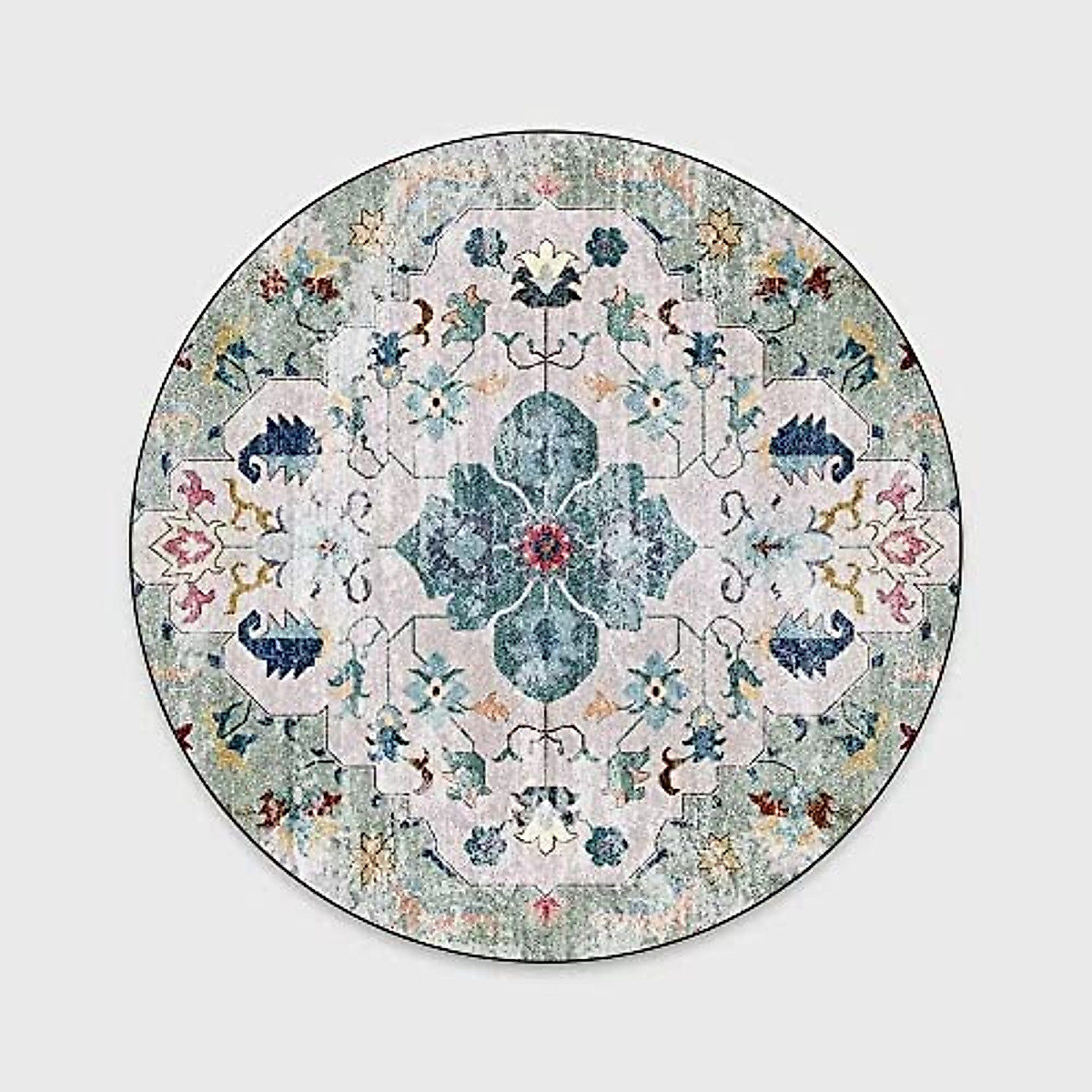Small Round Boho Rug 2ft Washable Chic Area Rugs Farmhouse Vintage Distressed Circle Floor Mats Carpet for Bedroom Bathroom Entryway