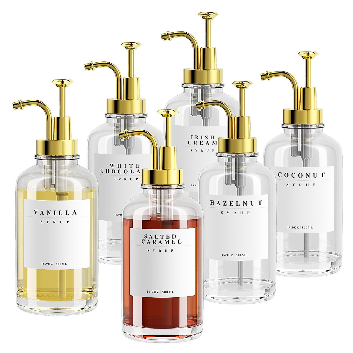 TIMIFTE Coffee Syrup Dispenser for Coffee Bar Accessories，Coffee Pump Dispenser, Glass Syrup Bottle with Gold Pumps and 42 Labels, 16.9 oz 500 ml (6 Pack)