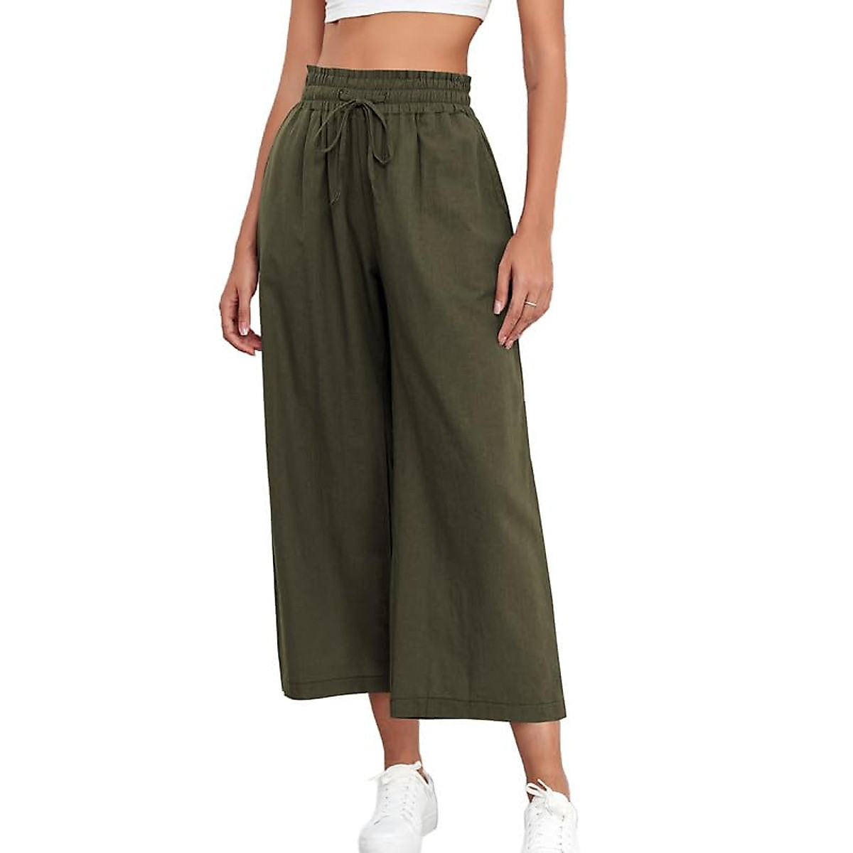 REDMORE High Waisted Linen Pants for Women Summer Wide Leg Capris Lightweight Casual Drawstring Trousers Palazzo Pants Army Green