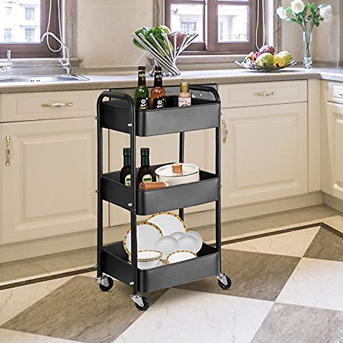 ABCOOL 3-Tier Metal Storage Organizer Rolling Utility Cart - Home Kitchen Bathroom Bedroom Office Classroom Laundry Cleaning Supplies Bar Craft Shelf Cart with Caster Wheels, College Dorm Essentials