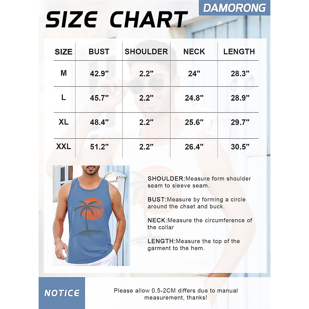 Damorong Mens Sleeveless Tank Tops Workout Gym Shirts Palm Tree Vintage Style T-Shirt Blue