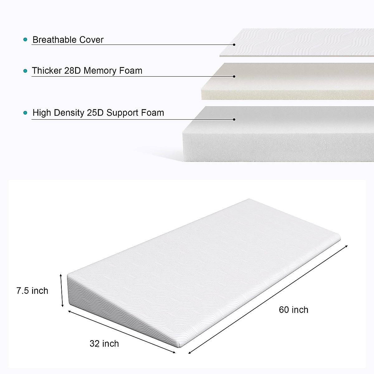 TOLEAD Bed Inclined Wedge Pillow, 7.5 Inch Bed Incline Mattress Topper, Wedge Mattress Elevator for Acid Reflux, Post Surgery, Anti-snoring, Queen, White