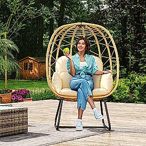YITAHOME Egg Chair with Stand Outdoor Indoor Egg Lounge Chair with Cushion Wicker Chair PE Rattan Chair Included for Patio, Garden, Backyard, Porch, Beige