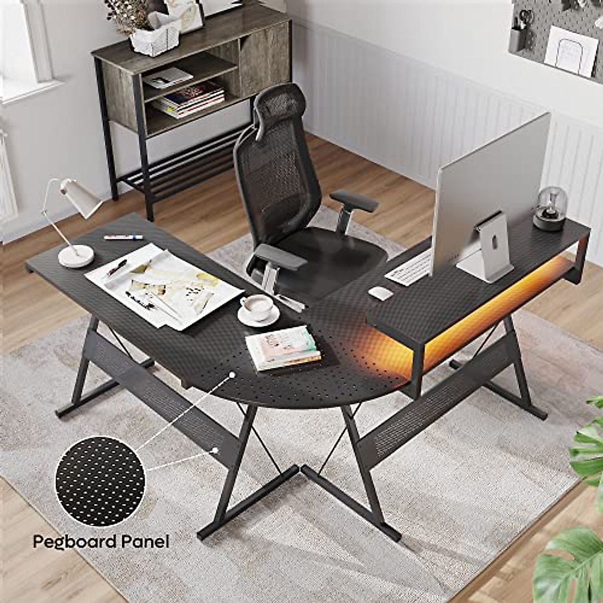 Bestier LED Gaming Desk 55" L Shaped Computer Corner Desk with 2 Cup Holders 2 Headset Hooks 36" Large Monitor Shelf Home Office Desk Bedroom Reversible 72" Long Desk for 2 Persons, Black