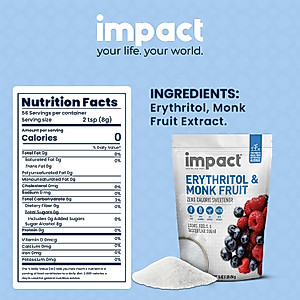 Impact White Monk Fruit & Erythritol Sweetener Blend - Gluten Free, Zero Calories, Net Carbs, Keto, Vegan, Non-GMO - 1 is to 1 Sugar Substitute - 1lb