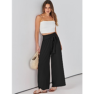 Caracilia Womens Summer Fall High Waisted Flowy Work Casual Boho Palazzo Pants Wide Leg Long Lounge Pant Trousers with Pocket Business Office Elastic Waist A1206heise-XL Black,X-Large