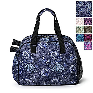 Boulder Bee | Premium Pickleball Bags | PickleBall Tote Bag for Women | Women’s Hand/Shoulder Gym Bag w Water Bottle Holder | With Racquet/Paddle Holder (Blue cashew flower)