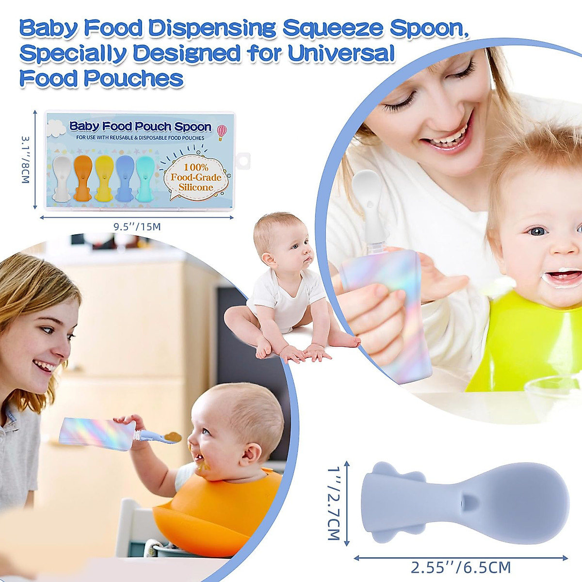 Leak-Proof Silicone Baby Spoon Topper: Easy Attach Spoons for Infant Food Pouches, Includes Baby Spoons, Spoon Silicone, and Squeeze Pouch Attachments, (Blue-White)