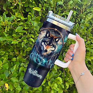 Foxcorner Personalized Wolf Tumbler 40oz with Handle & Straw - Great Wolf Dreamcatcher Gifts - Animal Lover Gifts for Men Women on Birthday Christmas - Custom Name Stainless Steel Travel Coffee Cup