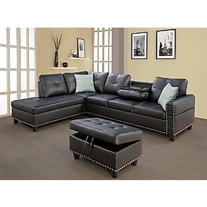 Favfurish 98" Faux Leather Sectional Sofa with Storage Ottoman and 2 Toss Pillows,3-Piece Couch Chaise W/Manufactured Wood Frame &Rounded Arms,for Living Room,Bedroom,Office,Black